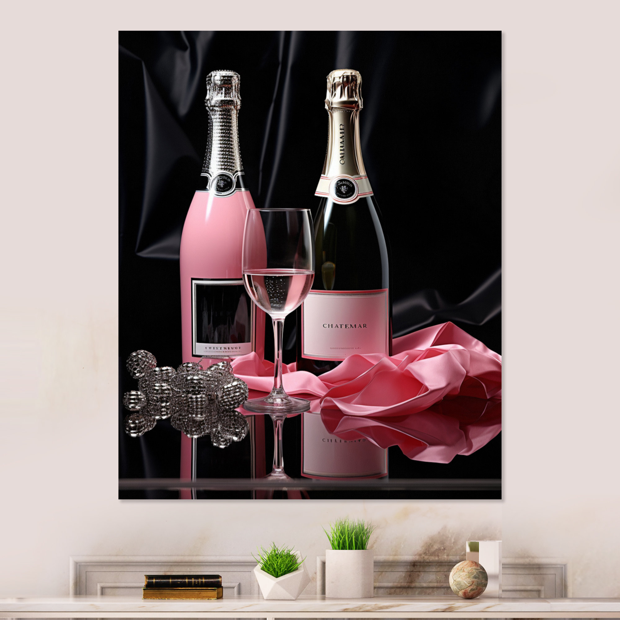 Ebern Designs Pink Fashion Bag & Champagne III - Fashion Metal Art Print | Wayfair